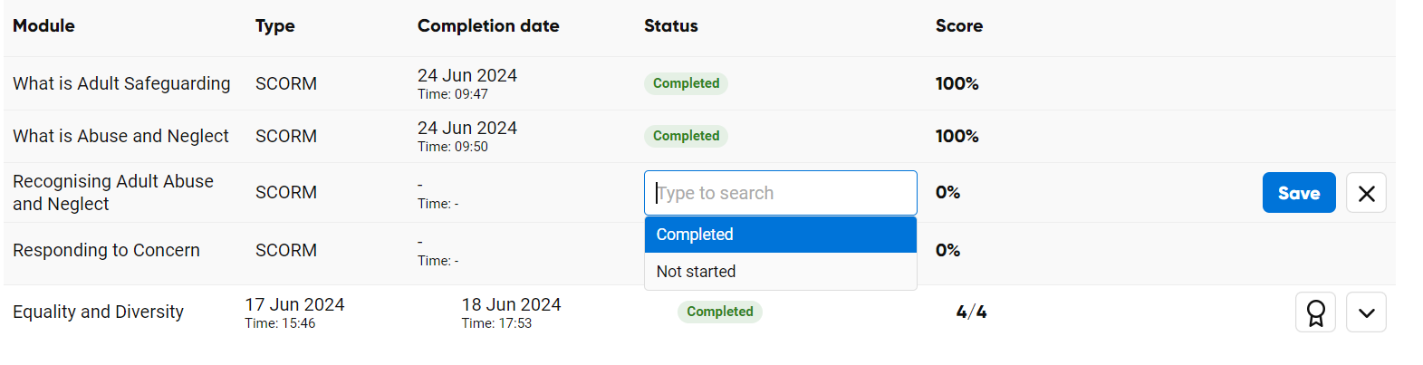 Manually updating modules in user history – Form LMS Guide